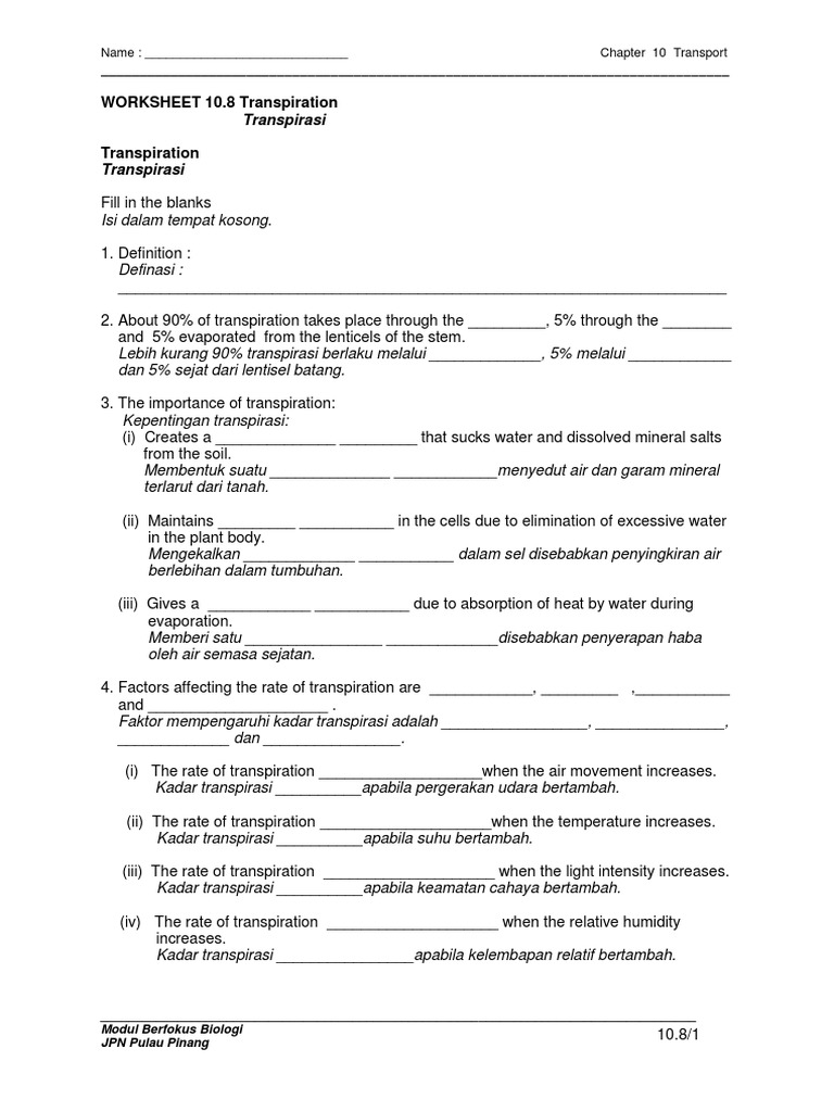 Transpirasi: WORKSHEET 10.8 Transpiration Transpirasi Transpiration ...