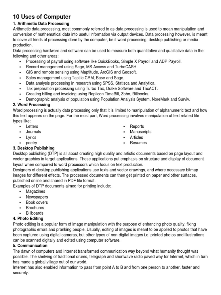 10 Uses of Computer: 1. Arithmetic Data Processing | PDF | Personal ...