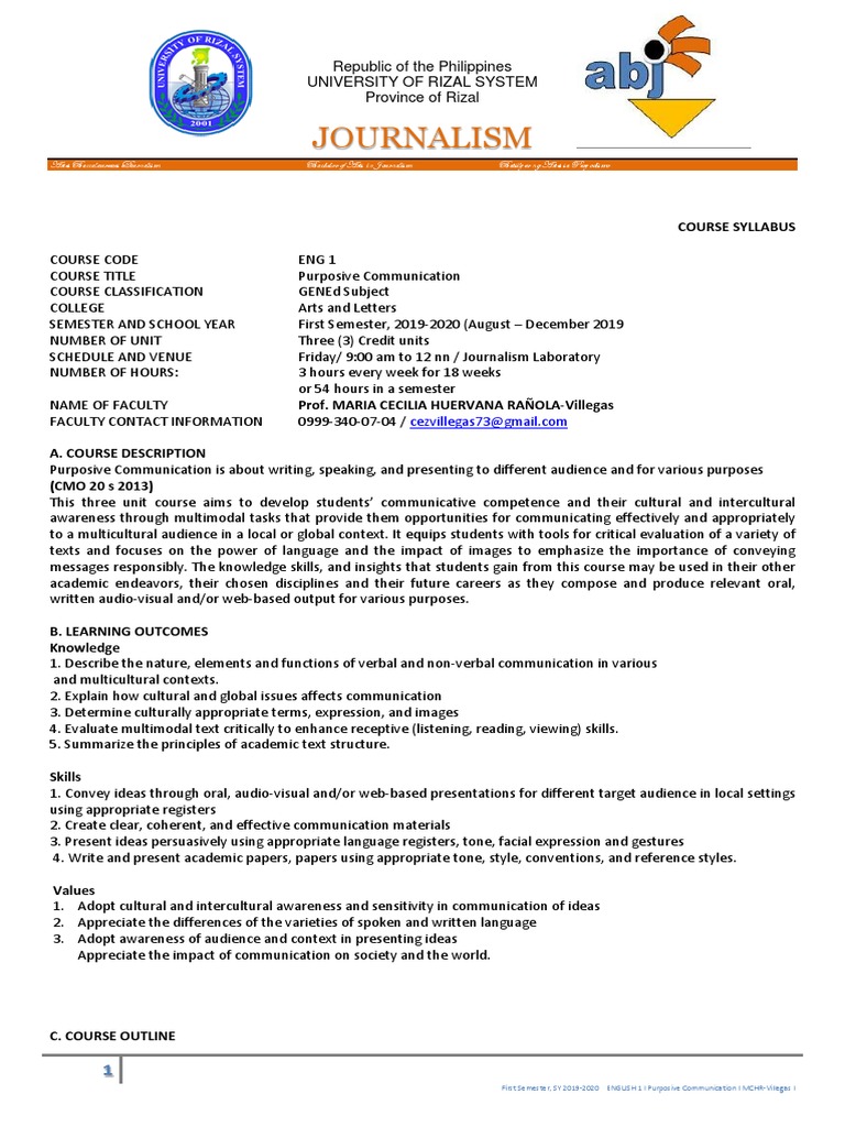 English 1 - Course Syllabus | PDF | Nonverbal Communication | Cross ...