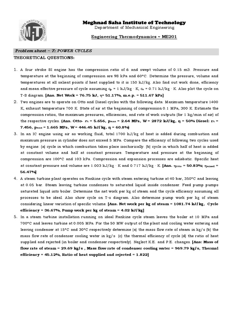 Power Cycles Problem Sheet ME201 | PDF | Steam | Gases