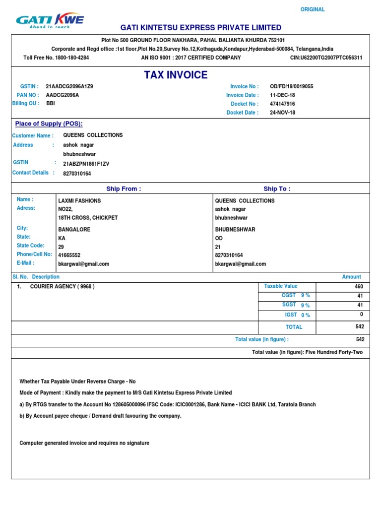 Tax Invoice: Gati Kintetsu Express Private Limited | PDF | Cheque ...
