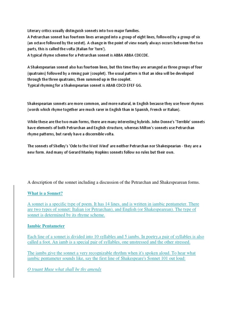 A Description of The Sonnet Including A Discussion of The Petrarchan ...