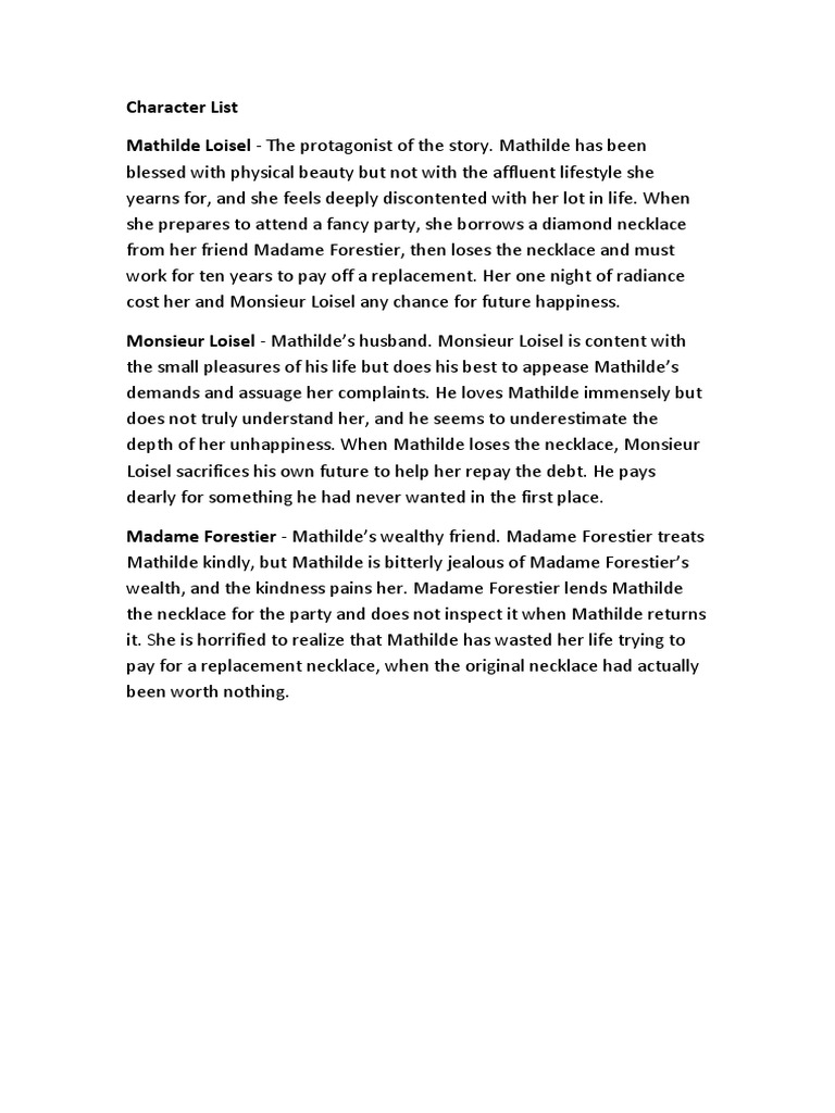 Character List Mathilde Loisel - The Protagonist of The Story. Mathilde Has Been | PDF