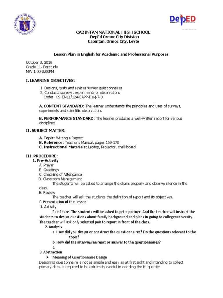 LESSON PLAN IN wRITING A REPORT | PDF | Questionnaire | Lesson Plan