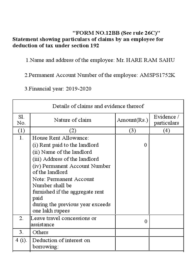 "FORM NO.12BB (See Rule 26C) " Statement Showing Particulars of Claims ...