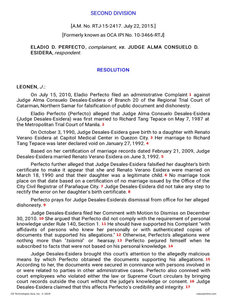 Perfecto v. Judge Esideria, A.M. No. RTJ-15-2417, July 22, 2015 | PDF ...