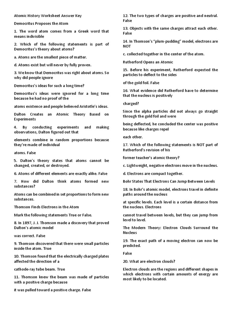 Atomic History Worksheet Answer Key | PDF | Atoms | Electron