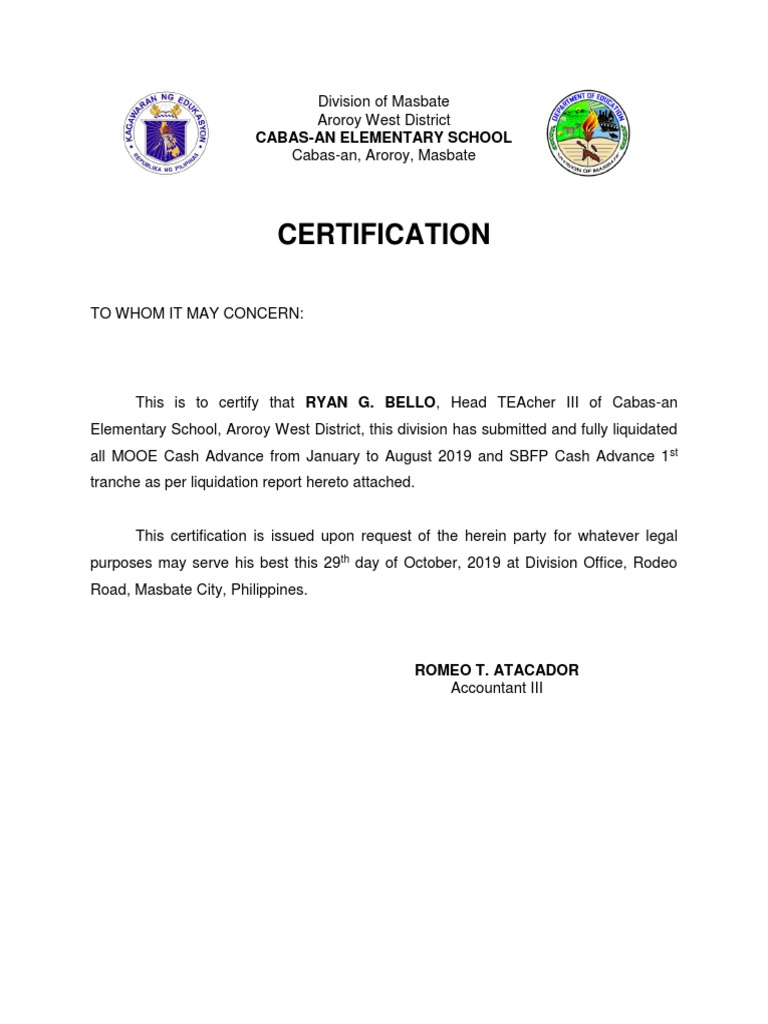 Certification For Mooe Liquidated - Ryan Bello | PDF
