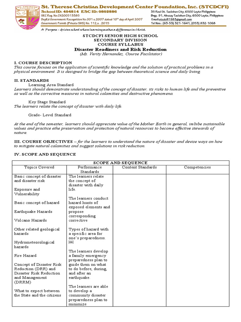Syllabus in Disaster Risk Reduction | PDF | Hazards | Disaster Risk ...