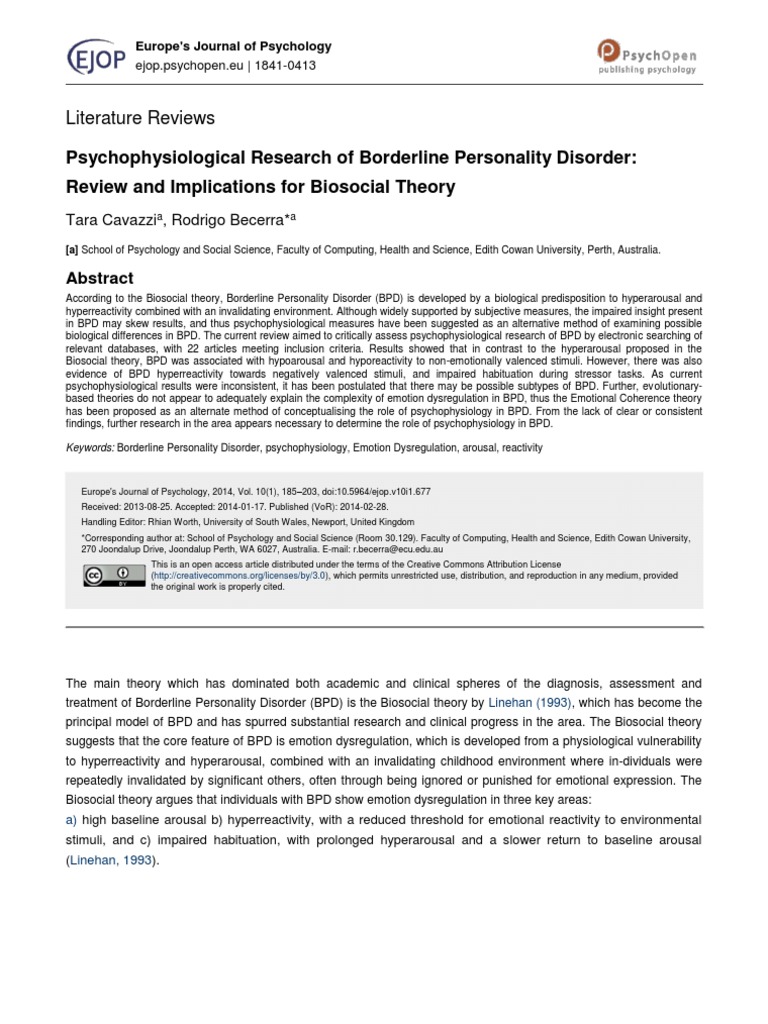 Psychophysiological Research of Borderline Personality Disorder: Review ...