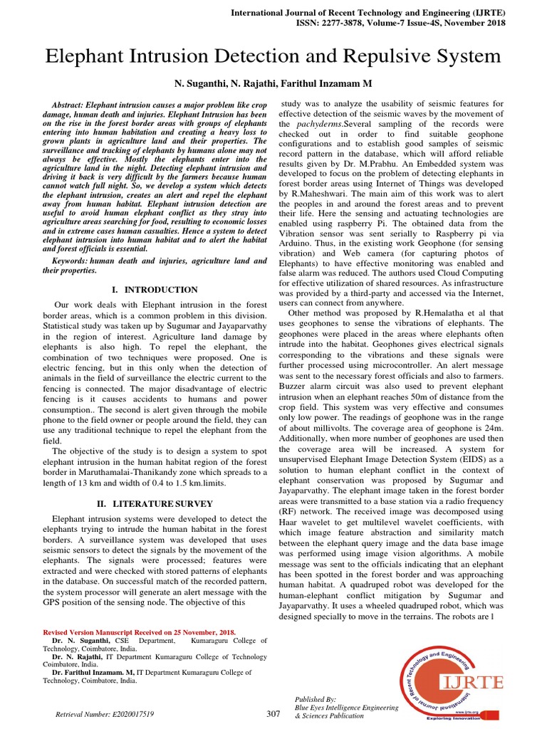 Elephant Intrusion Detection and Repulsive System: N. Suganthi, N. Rajathi, Farithul Inzamam M ...