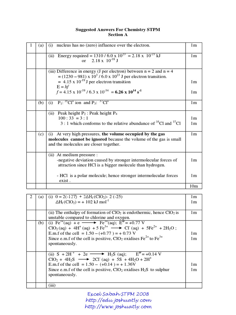 Suggested Answers For Chemistry STPM Section A | PDF | Chemical ...
