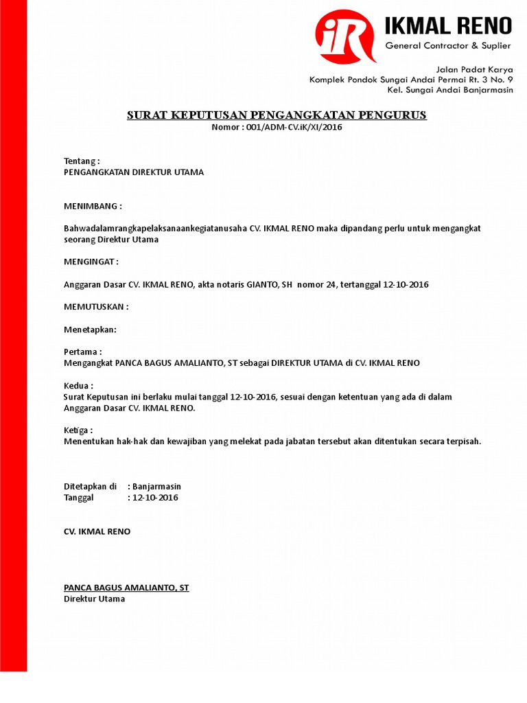 Surat Keputusan Pengangkatan Direktur | PDF