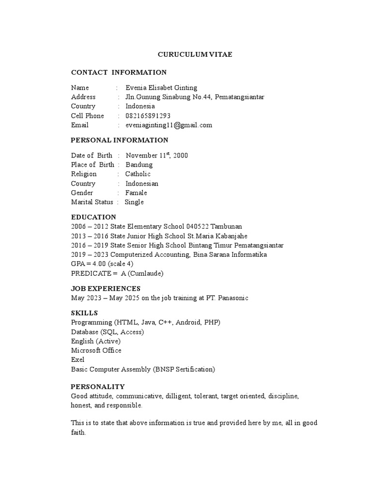 Curuculum Vitae Contact Information | PDF