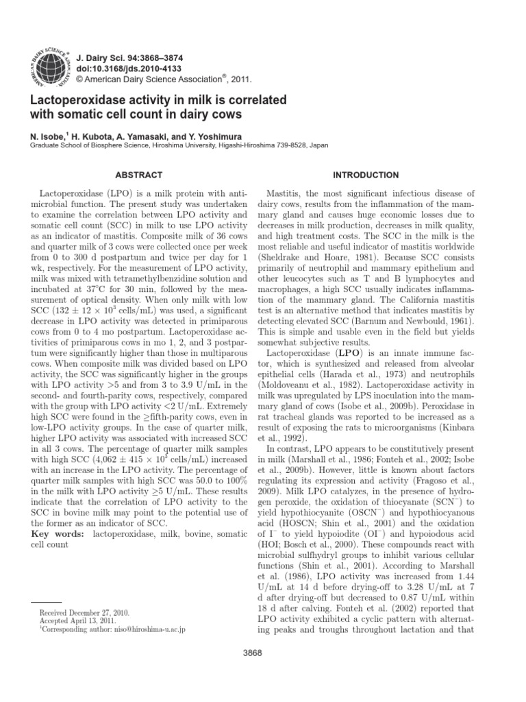 Lactoperoxidase Activity in Milk Is Correlated With Somatic Cell Count ...
