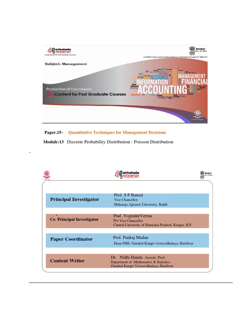 Discrete Probability Distribution: Poisson Distribution: Principal ...