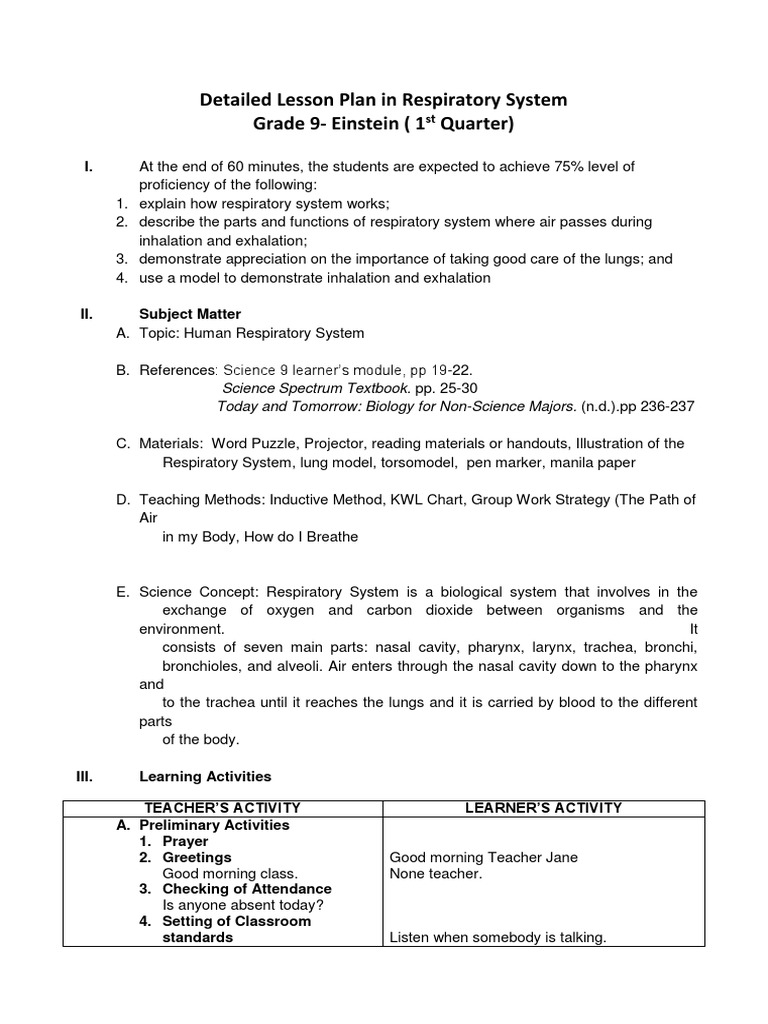 Detailed Lesson Plan Respiratory System | PDF | Respiratory Tract ...