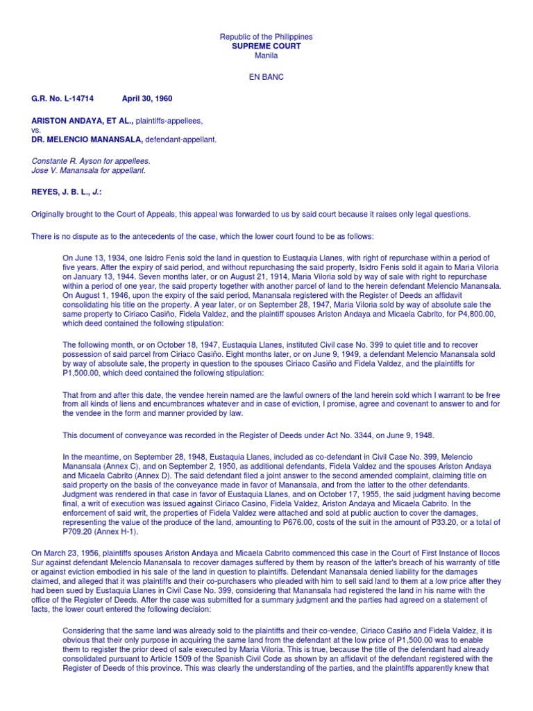 Constante R. Ayson For Appellees. Jose V. Manansala For Appellant | PDF ...