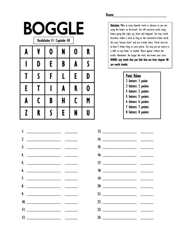 Spanish Boggle Vocabulary Activity | PDF | Word Search | Grammar