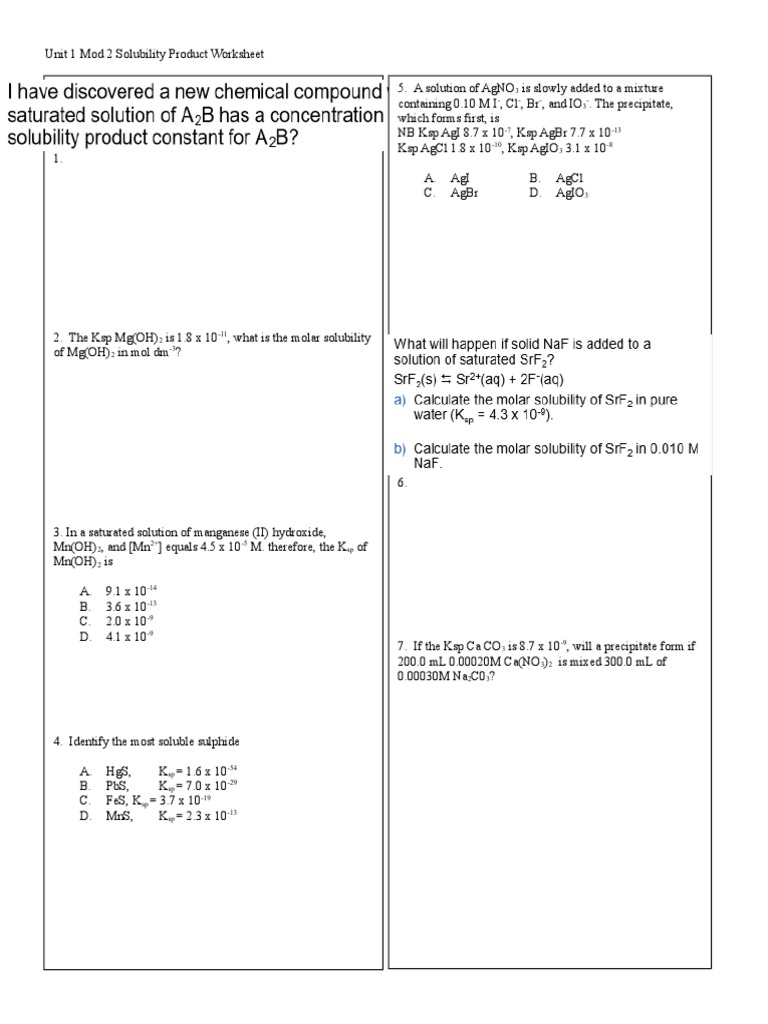 Cape Chemistry Unit 1 Module 2 Solubility Product Worksheet | PDF
