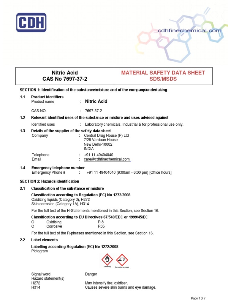 Nitric Acid CAS No 7697-37-2: Material Safety Data Sheet Sds/Msds | PDF ...