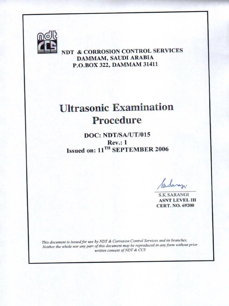 NDT Sa Ut 015 Rev 1 | PDF | Nondestructive Testing | Ultrasound