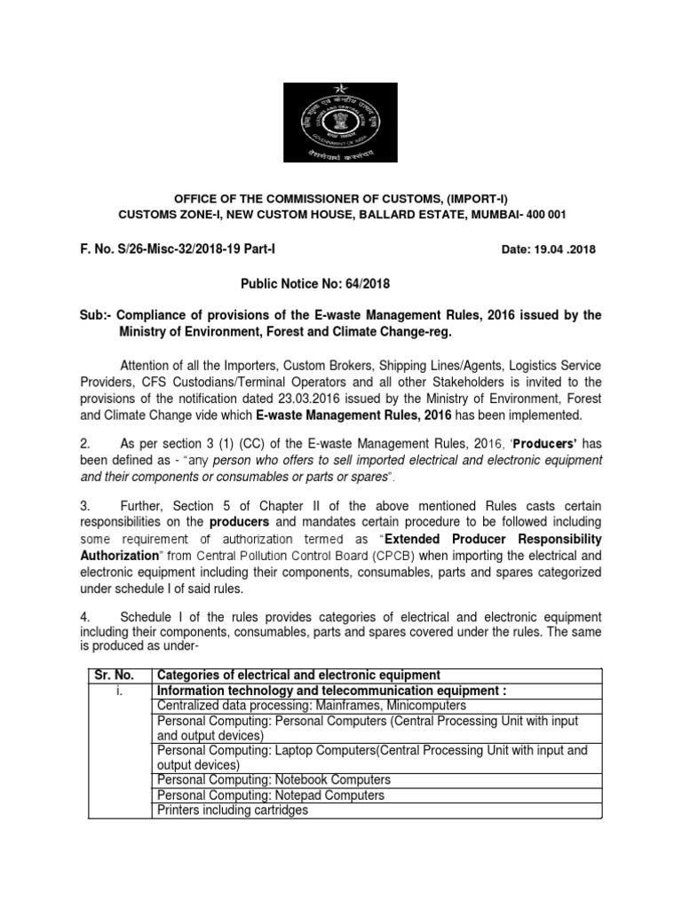 Office of The Commissioner of Customs, (Import-I) Customs Zone-I, New ...