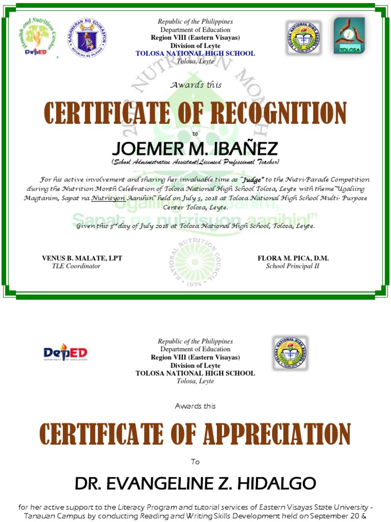 Nutrition Month Certificate Of Appreciation