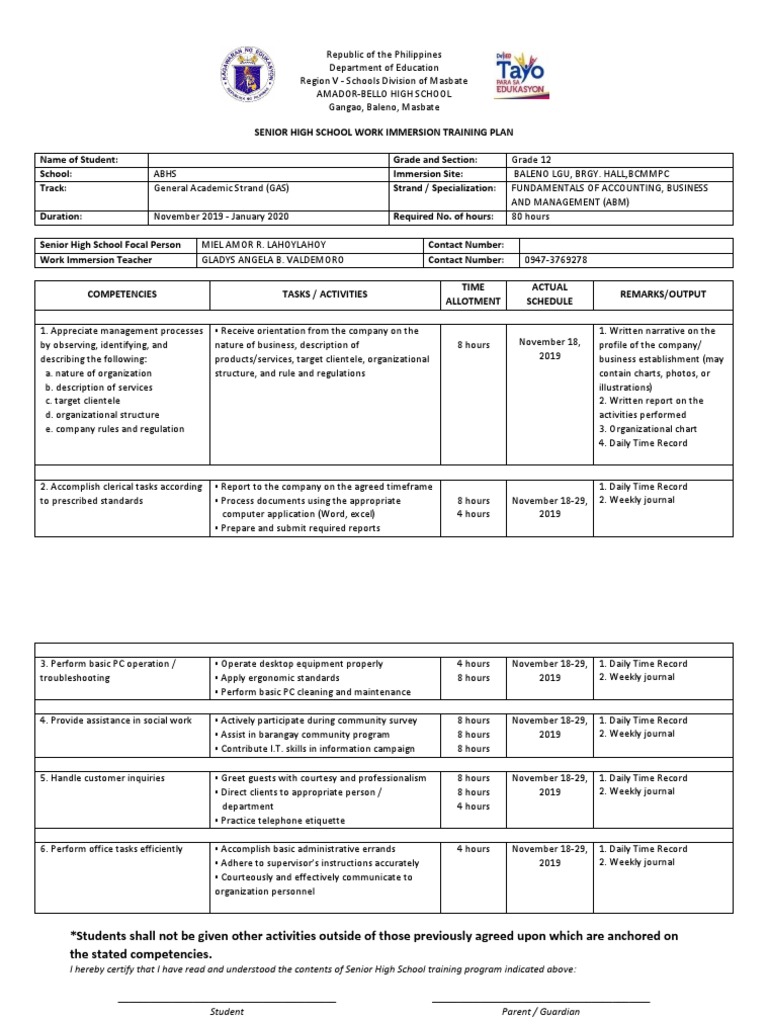 Work Immersion Training Plan | Learning | Business