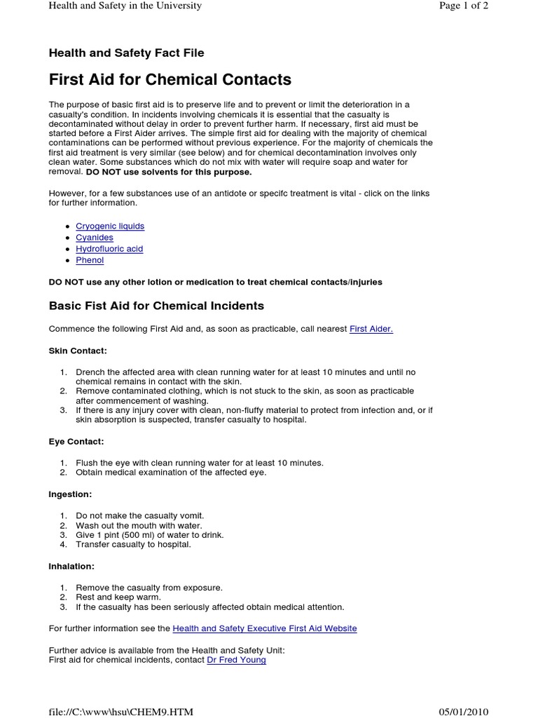 First Aid For Chemical Contacts: Health and Safety Fact File | PDF ...