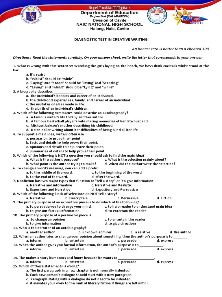 Diagnostic Test in Creative Writing | PDF | Narrative | Biography