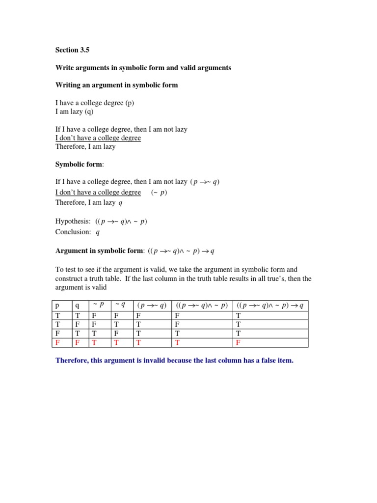 Section 3.5 Write Arguments in Symbolic Form and Valid Arguments Writing An Argument in Symbolic ...