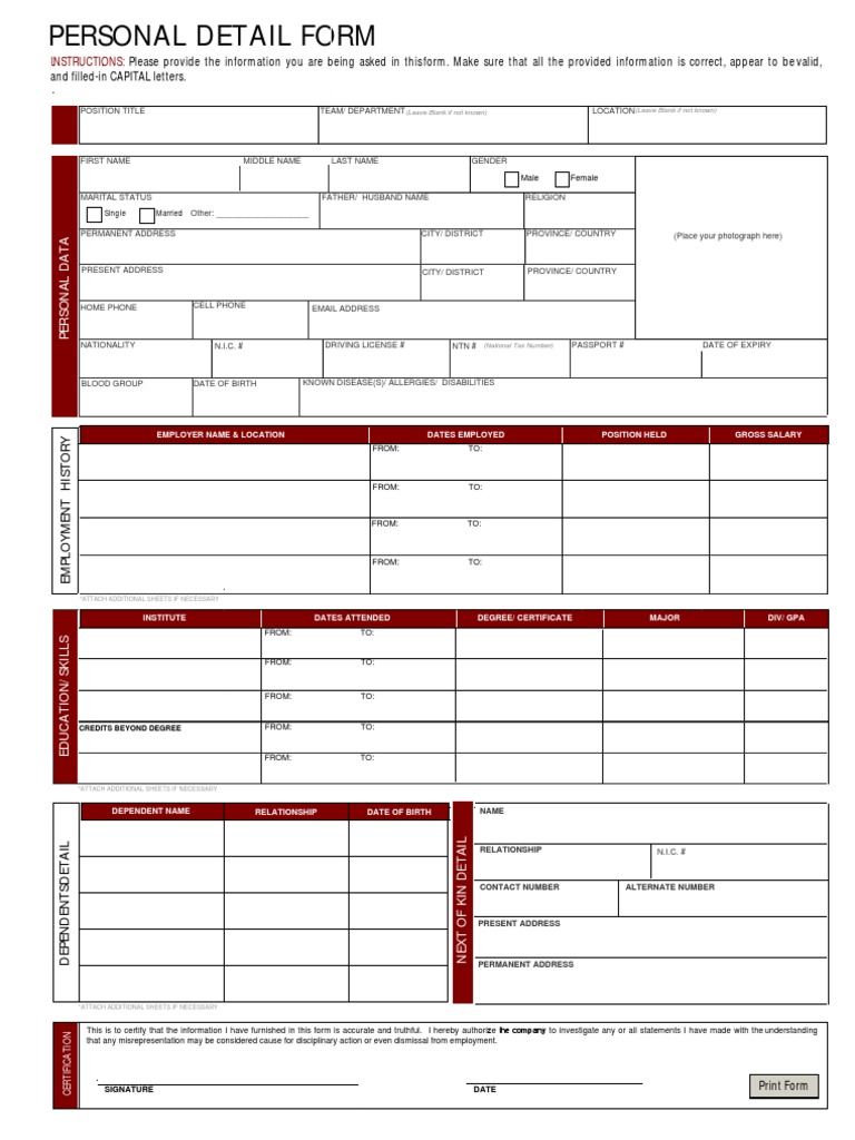 Personal Detail Form | PDF | Government | Business