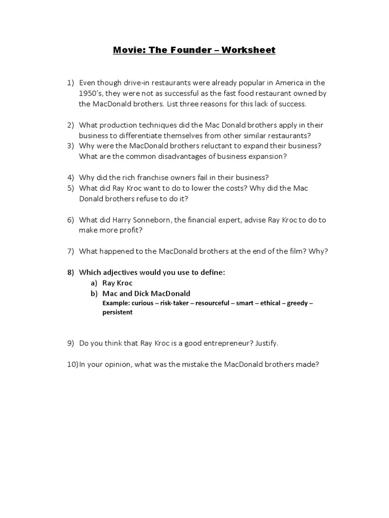 The Founder Movie Worksheet and Questions | PDF