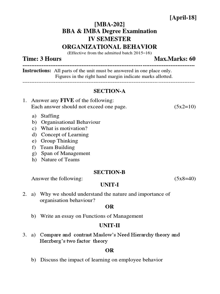 (April-18) (MBA-202) BBA & IMBA Degree Examination Iv Semester Organizational Behavior Time: 3 ...
