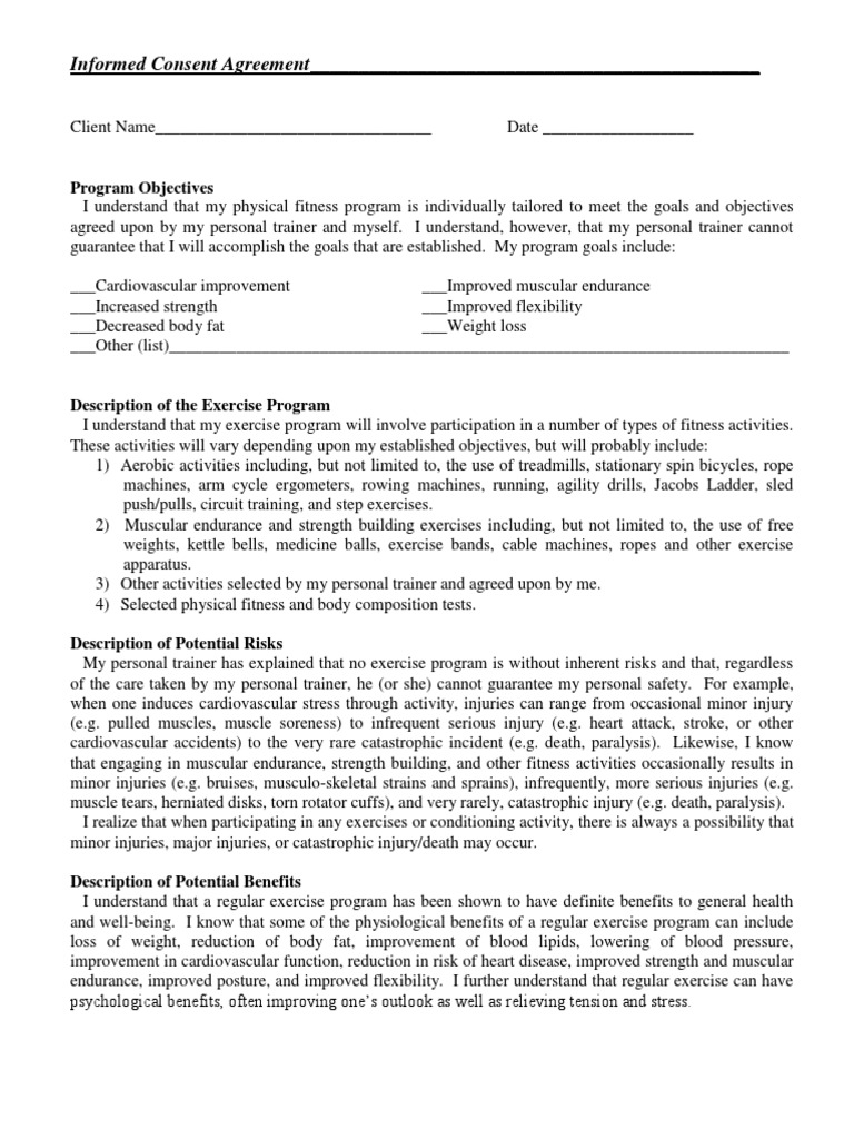 Informed Consent Agreement | PDF | Personal Trainer | Physical Fitness