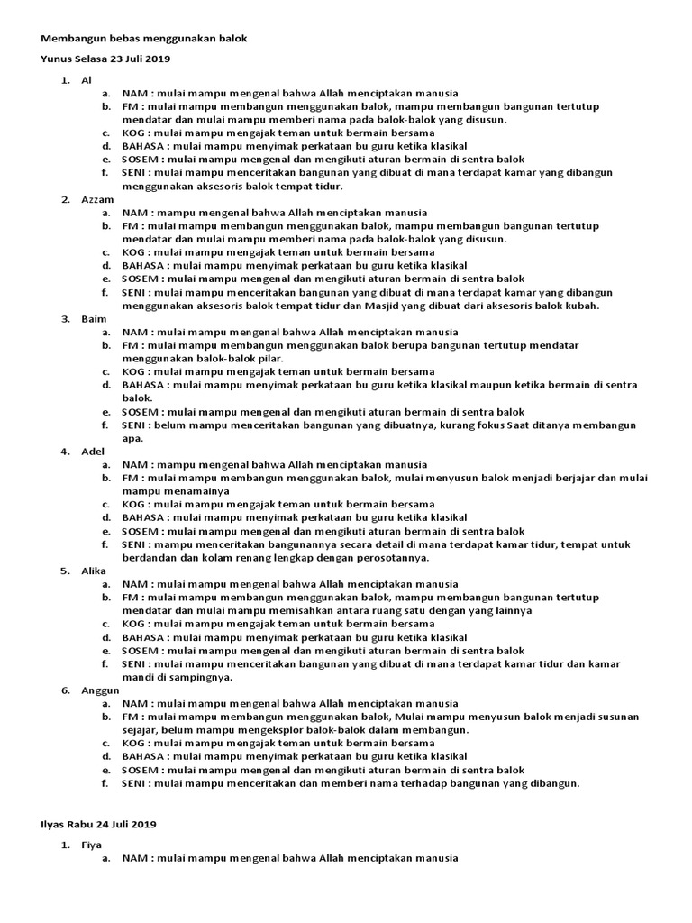 Contoh Penilaian Sentra Balok | PDF