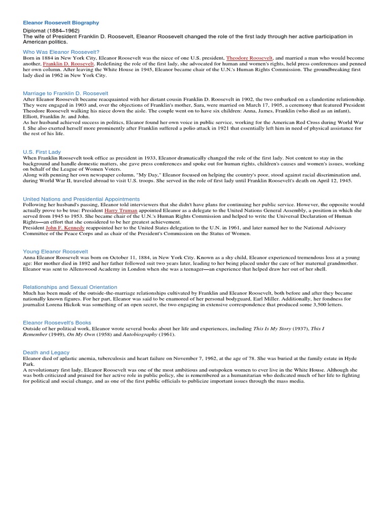 Eleanor Roosevelt Bio | PDF | Eleanor Roosevelt | Franklin D. Roosevelt
