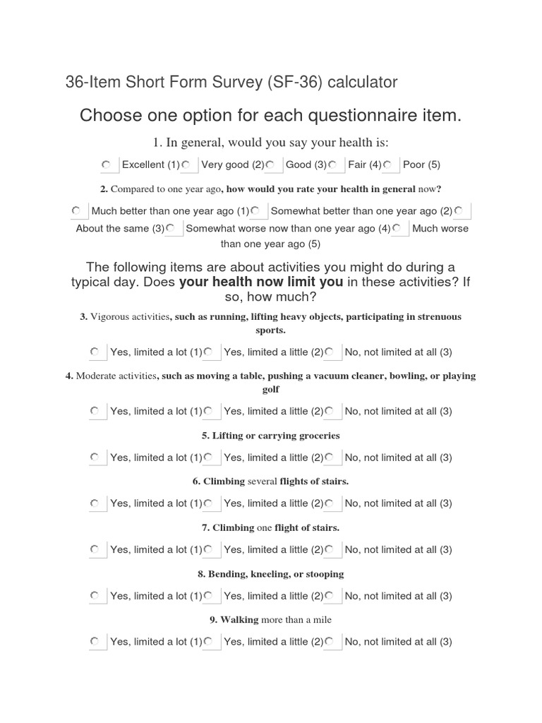 Choose One Option For Each Questionnaire Item.: 36-Item Short Form ...