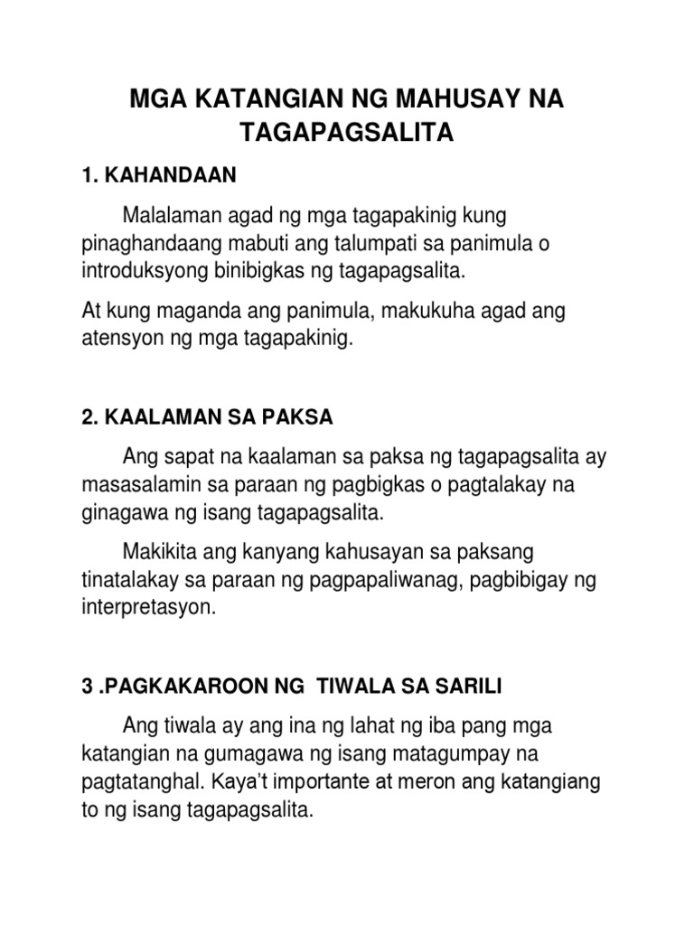 Mga Katangian NG Mahusay Na Tagapagsalita | PDF