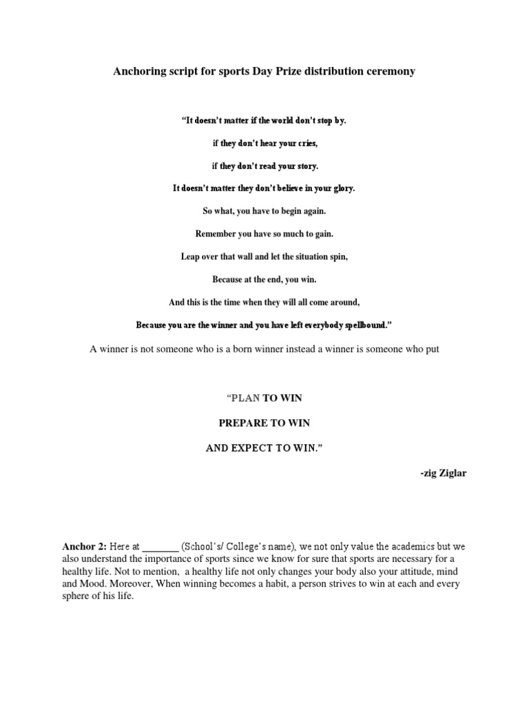 Anchoring Script For Sports Day Prize Distribution Ceremony | PDF