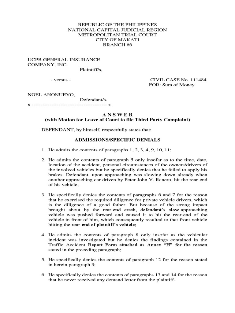Answer (With Motion For Leave of Court To File Third Party Complaint) | PDF | Vehicles | Complaint