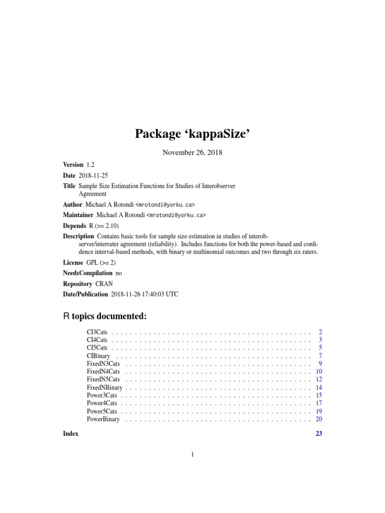 Package Kappasize': R Topics Documented | PDF | Confidence Interval | Sample Size Determination