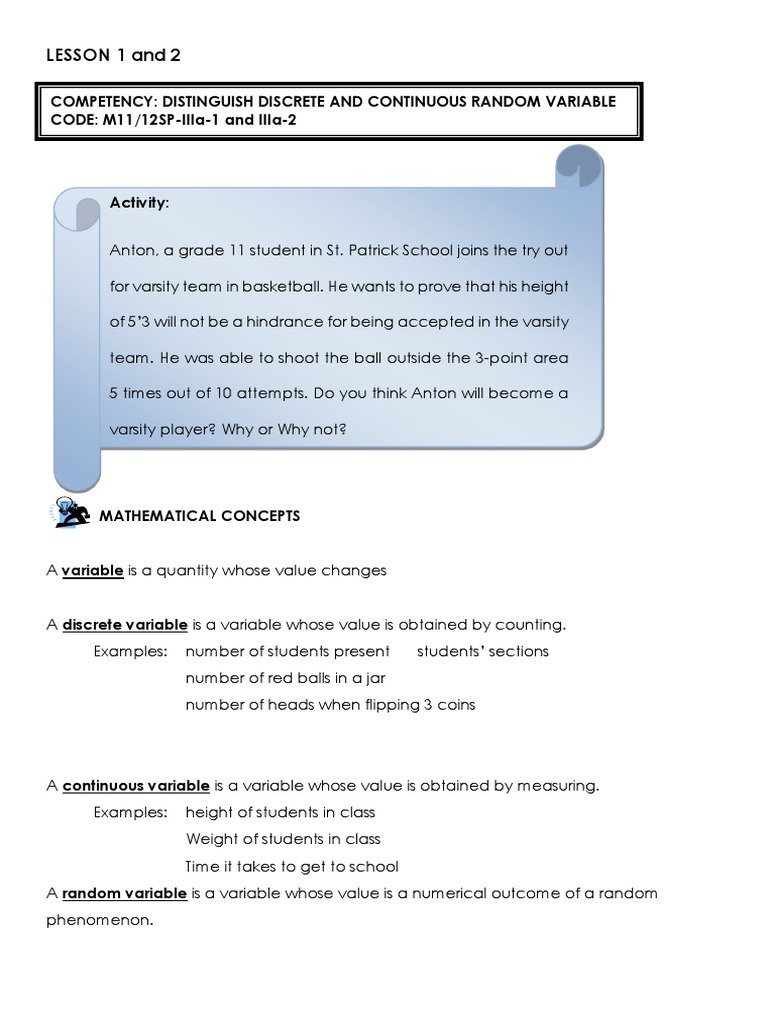 Lesson 1 and 2: Competency: Distinguish Discrete and Continuous Random Variable Code: M11/12Sp ...