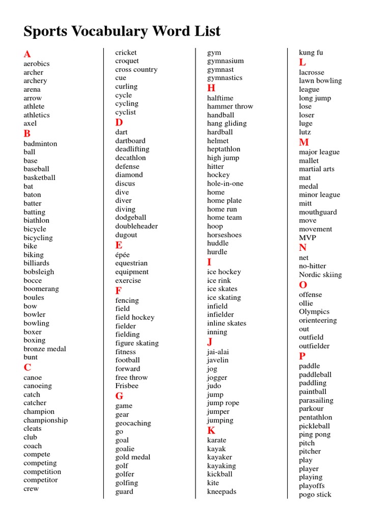 Sports Vocab | PDF | Baseball Field | Triathlon
