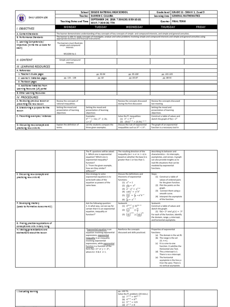 General Mathematics Daily Lesson Log Pdf Exponential Function Asymptote