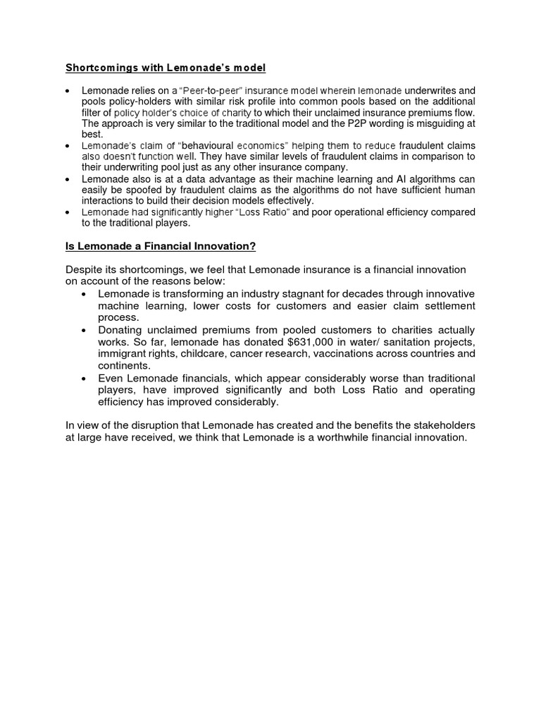 Shortcomings With Lemonade's Model | PDF