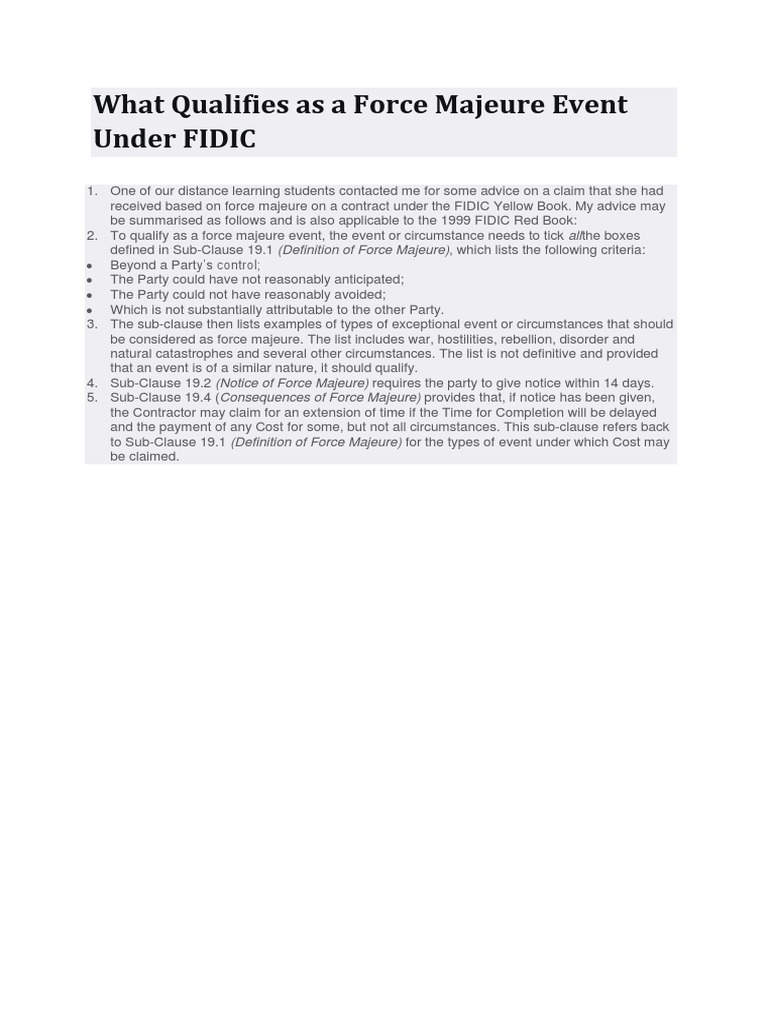 What Qualifies As A Force Majeure Event Under FIDIC | PDF