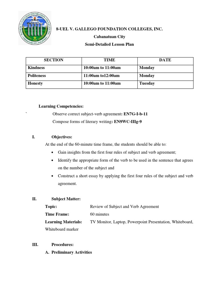 Subject-Verb Agreement Lesson Plan | PDF | Grammatical Number | Verb