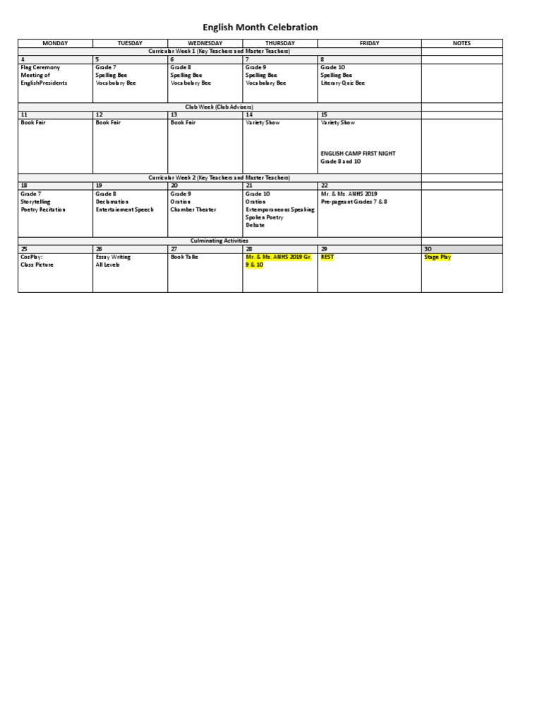 English Month Celebration: Monday Tuesday Wednesday Thursday Friday ...